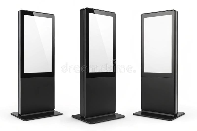 Three Modern Digital Signage Displays with Blank Screens Shown from ...