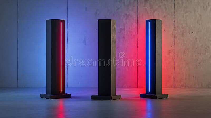 Three Modern Illuminated Pillars Stand Against a Textured Wall Stock ...