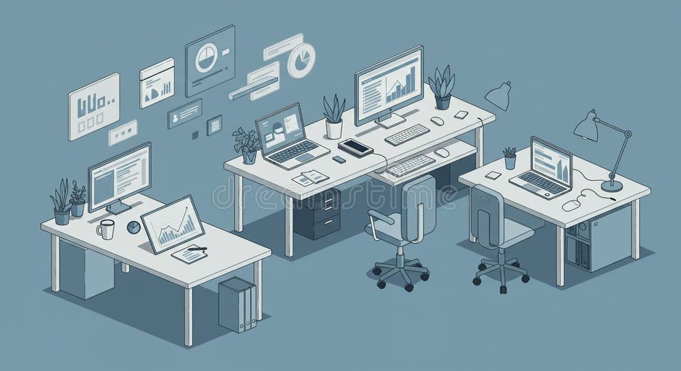 Three Modern Office Desks Arranged in a Spacious Layout, Each Equipped ...