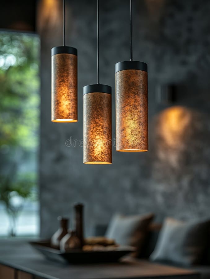 Three Modern Pendant Lights Over a Cozy, Stylish Interior Space. Stock ...