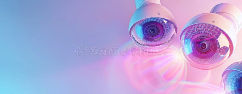Three Modern Security Cameras on a Reflective White Background with ...