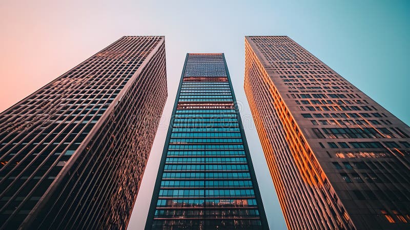 Three Modern Skyscrapers Under a Colorful Sky Stock Illustration ...
