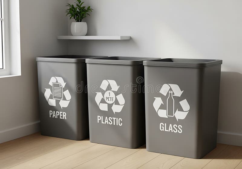 Three Modern Sorting Bins for Paper, Plastic, and Glass Stock ...