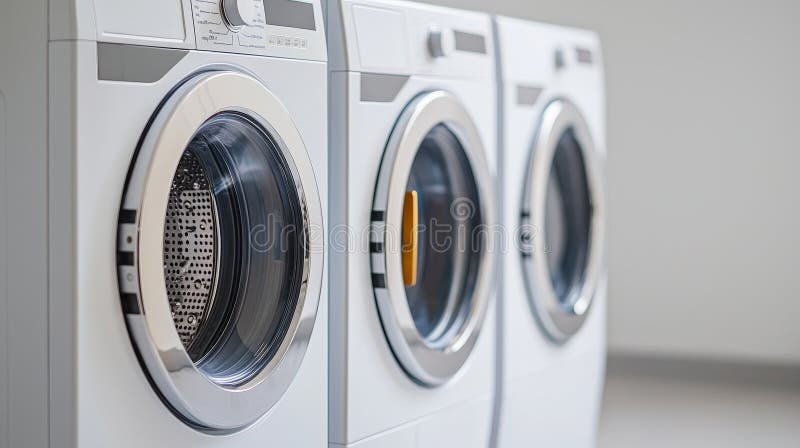 Three Modern Washing Machines in a Clean Laundry Room with Grey Tones ...
