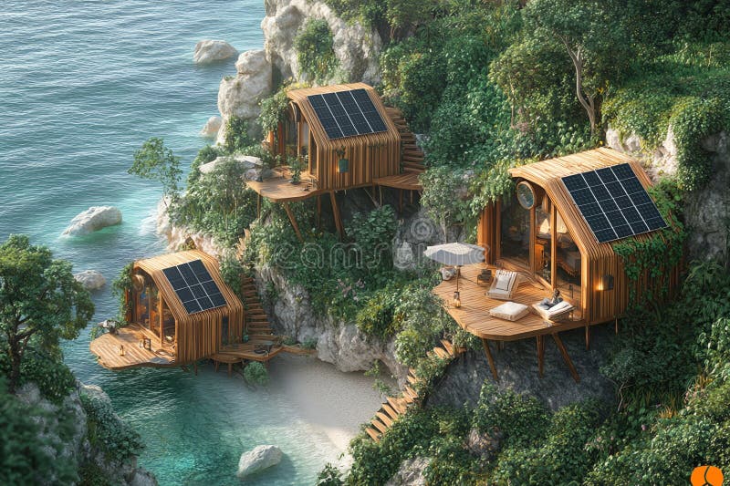 Three Modern Wooden Cabins with Solar Panels on a Cliff Overlooking the ...