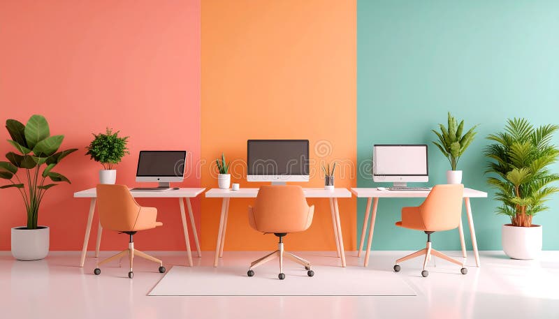 Three Modern Workstations with Computers, Chairs, and Plants Against a ...