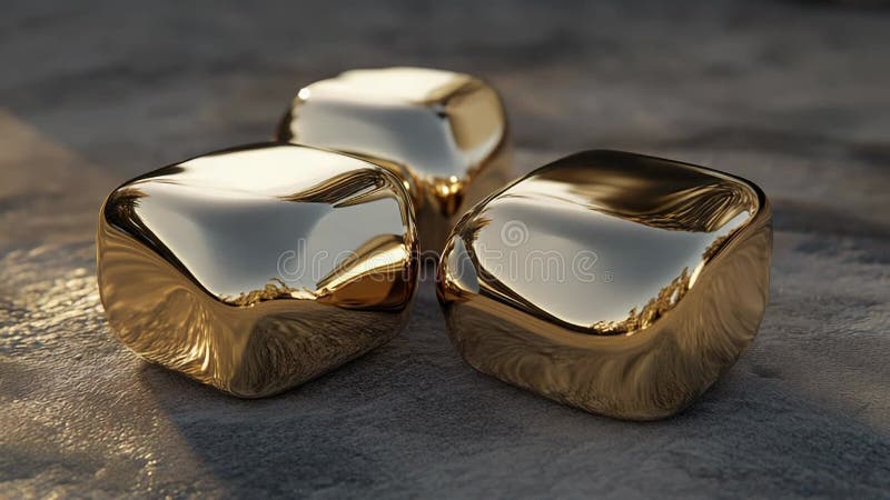 Three Molten Gold Cubes Resting on Cool Stone Surface Stock Video ...