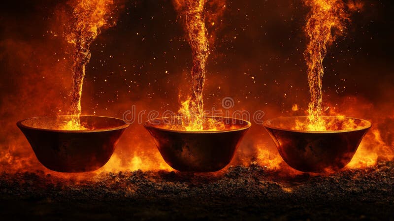 Three Molten Streams Pouring into Bowls Amidst Flames Stock ...