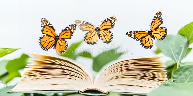 Three Monarch Butterflies Flying Over Open Book Nature Reading ...