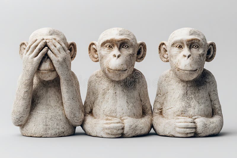 Three Monkey Sculptures are Presented in a Row, Each with a Distinct ...