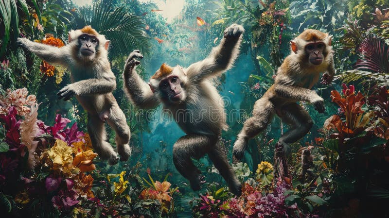Three Monkeys Dancing in a Tropical Jungle Setting Stock Image - Image of nature, jungle: 346542669