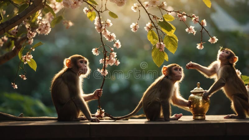 Three Adorable Monkeys with Cherry Blossoms and Golden Jar Stock ...
