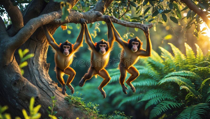 Three Adorable Monkeys Hanging from a Tree Branch in a Lush Jungle ...