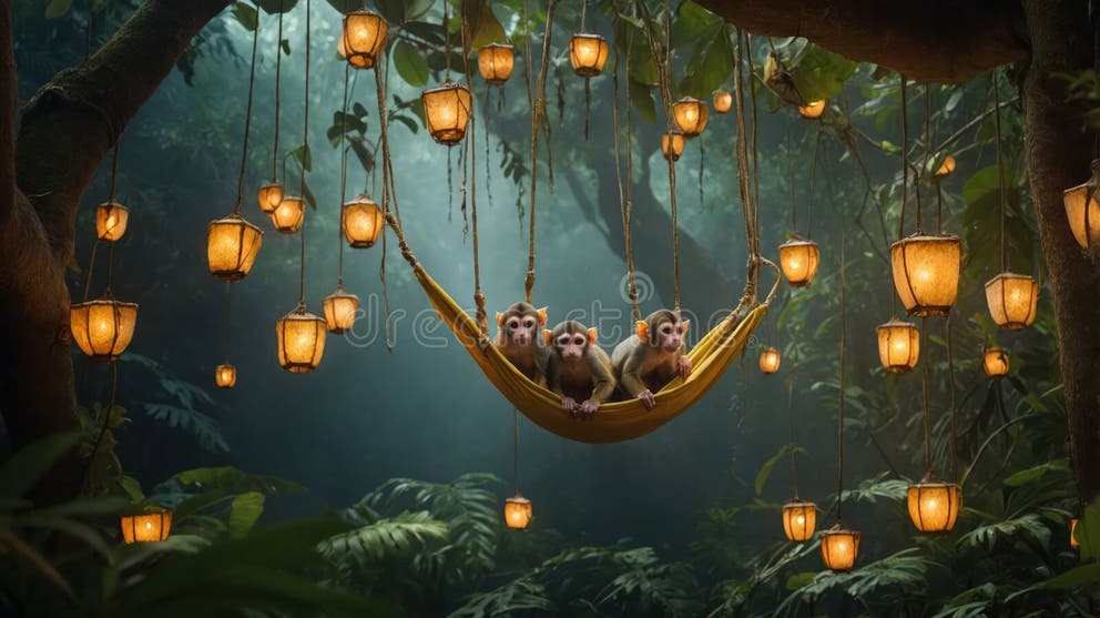 Three Adorable Baby Monkeys Relaxing in a Hammock Surrounded by Glowing ...
