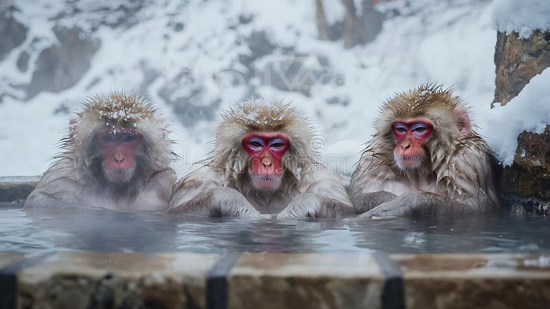 Three Monkeys Relaxing in a Snowy Hot Spring Stock Illustration ...