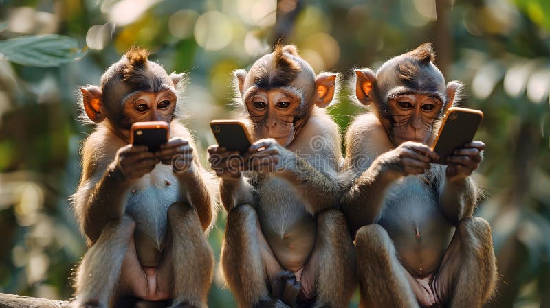 Three Monkeys Sitting Next To Each Other and Looking at Smartphones, a ...