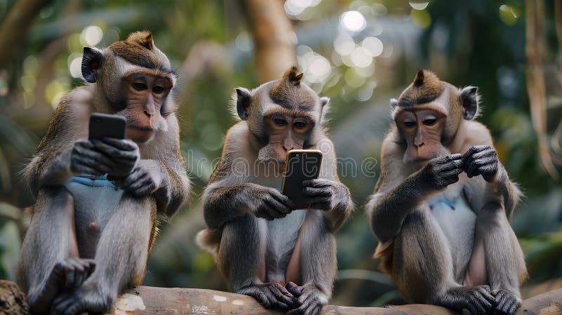 Three Monkeys Sitting Next To Each Other and Looking at Smartphones, a ...