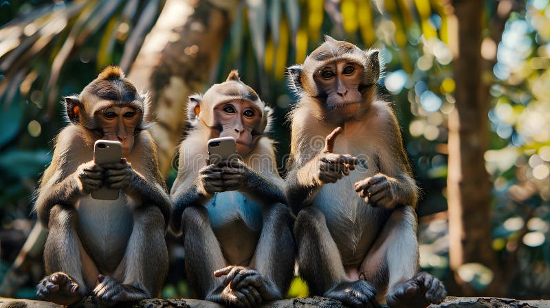 Three Monkeys Sitting Next To Each Other and Looking at Smartphones, a ...