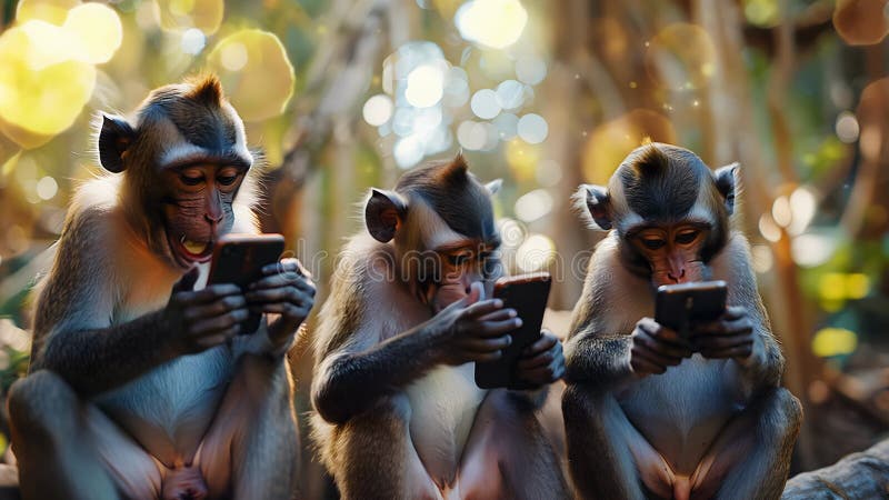 Three Monkeys Sitting Next To Each Other and Looking at Smartphones ...