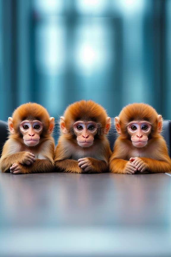 Three Monkeys Sitting at a Table Stock Photo - Image of three, primate ...