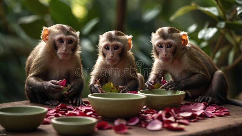Adorable Trio of Baby Monkeys Enjoying Rose Petals Stock Illustration ...