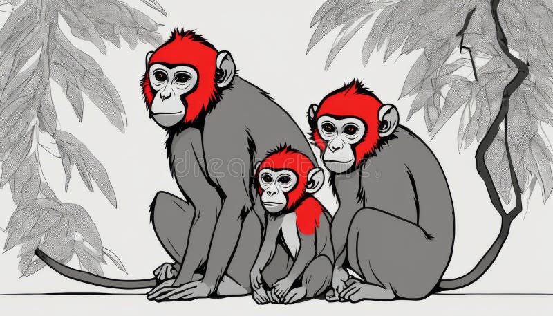 Three Monkeys Sitting Together in a Tree Stock Illustration ...