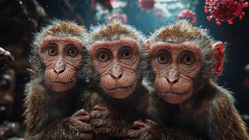 Three Monkeys Sitting on a Tree Branch in a Natural Forest Setting ...