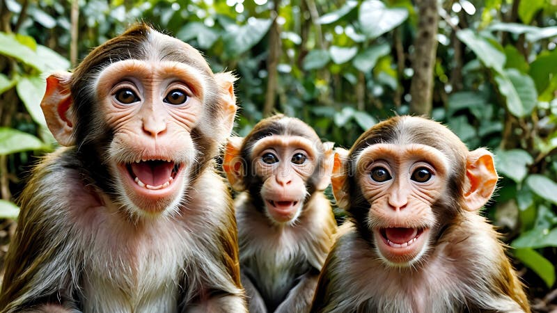 Three Monkeys Smiling Together in a Bright Forest Setting Stock Photo ...
