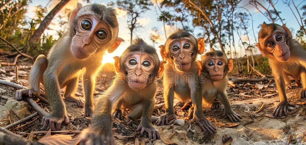Three Monkeys Standing on a Beach with the Sun Setting in the ...