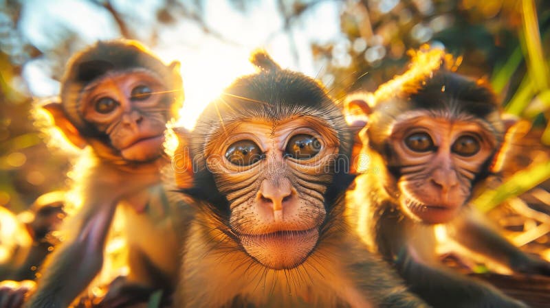 Three Monkeys Standing Side by Side with Their Mouths Open in a Gesture ...