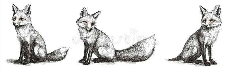 Three Monochrome Fox Illustrations Stippled Style White Background ...