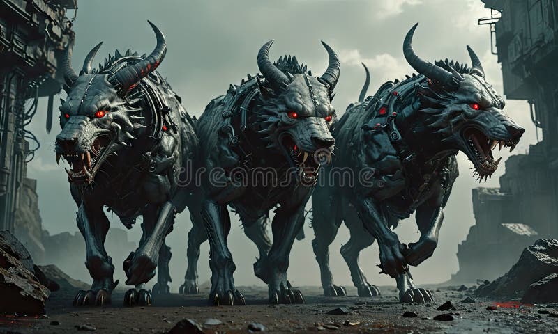 Three Monster Dogs are Running in the Dirt, with One of Them Having Red ...