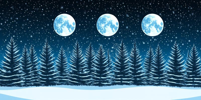 Three Moons Over Snowy Trees Stock Illustration - Illustration of trees ...