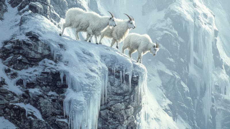 Three Mountain Goats on a Snowy Cliff with Icicles Stock Illustration ...