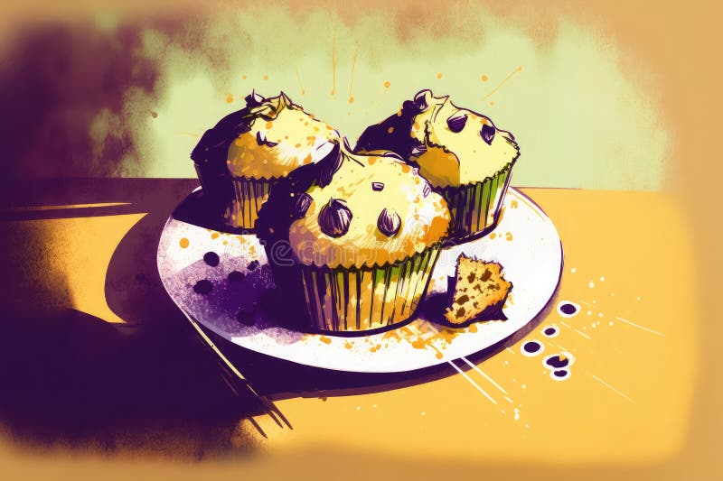 Three Muffins with Chocolate Chips on a Plate. Generative AI Drawing ...