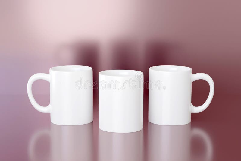 Three Mug Mockup Template on Pink Glossy Background. Cup Reflection on ...