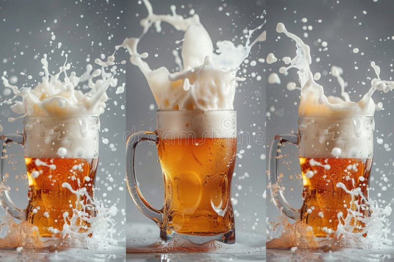 Three Mugs of Beer with a Splash of Liquid, Great for Party or Social ...
