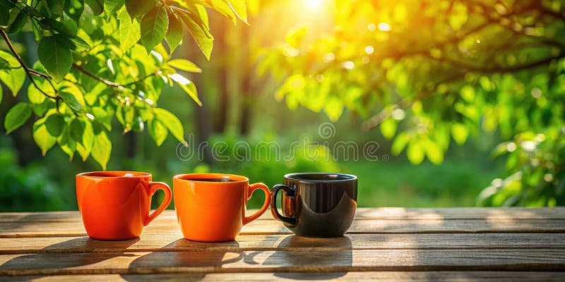 Three Mugs of Morning Beverage on Rustic Wood Table Outdoors in ...