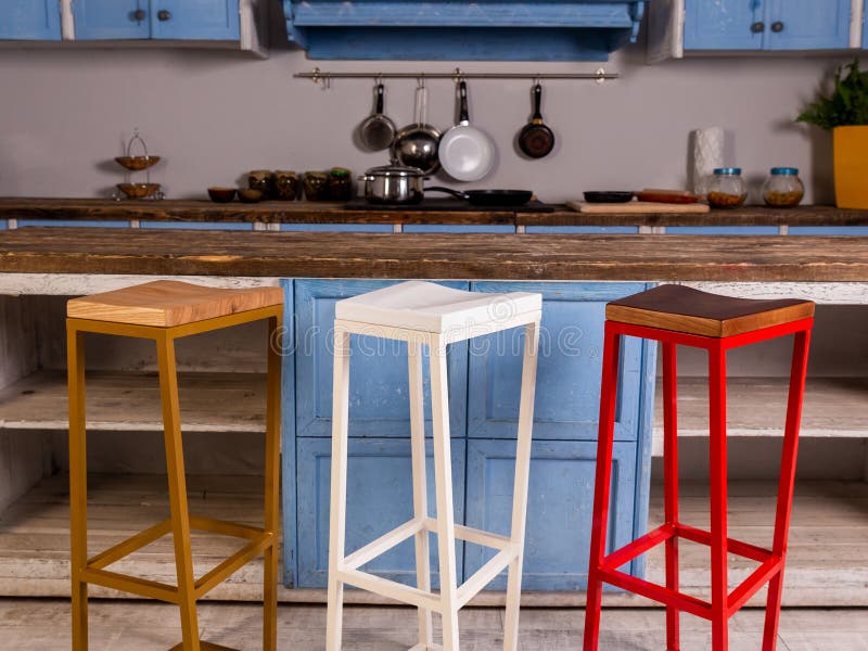 Three Multi-colored Bar Stools on the Kitchen Stock Image - Image of ...