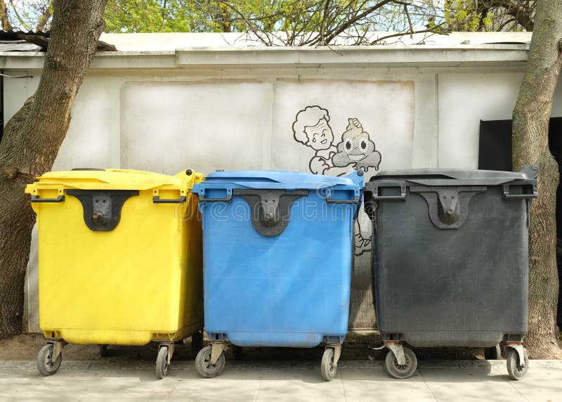 Three Multi-colored Plastic Garbage Cans Editorial Stock Photo - Image ...