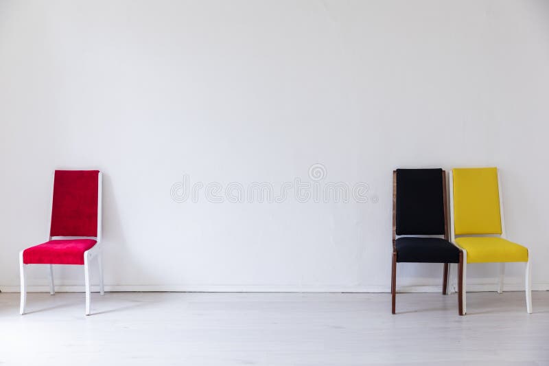Three Multicolored Chairs in the Interior of an Empty White Room Stock Image - Image of color ...