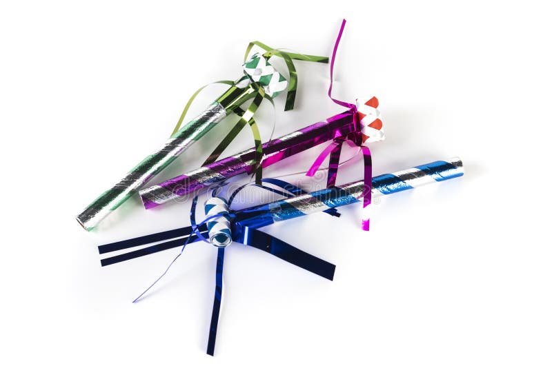 Three Multicolored Shiny Party Squeakers Isolated Over White Stock ...