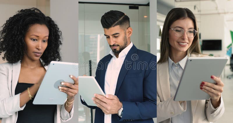 Three Multinational Business Professionals Using Digital Tablets ...