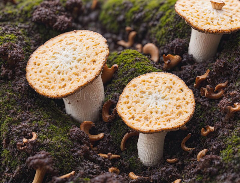 Three Mushrooms are Growing in a Patch of Moss Stock Illustration ...