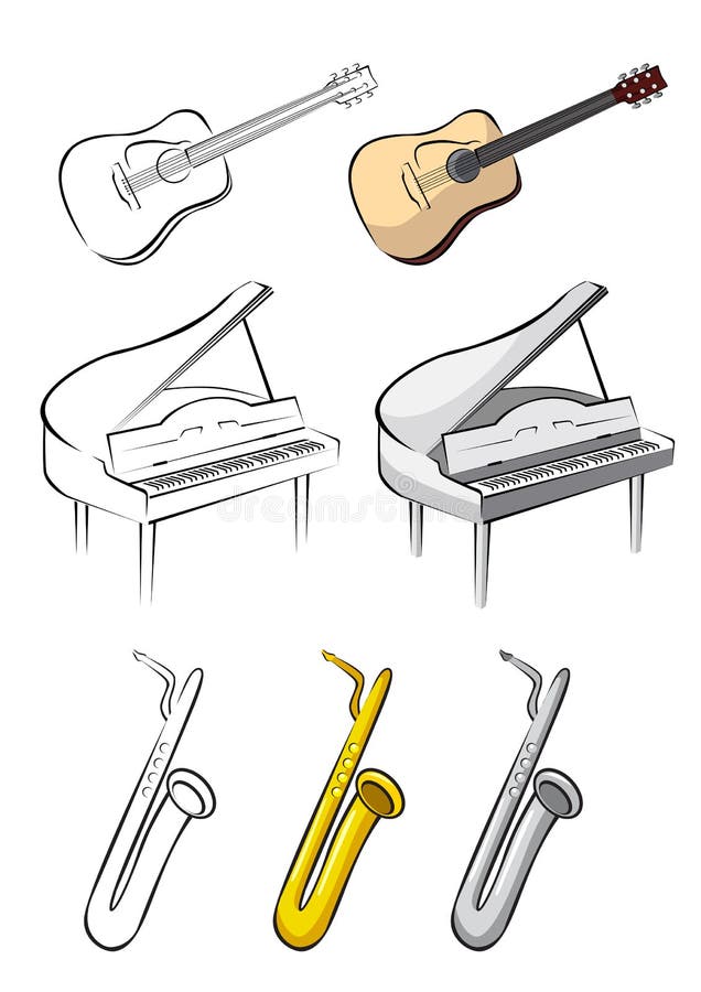 Three Music Instruments - Guitar, Piano, Saxophone Stock Vector ...