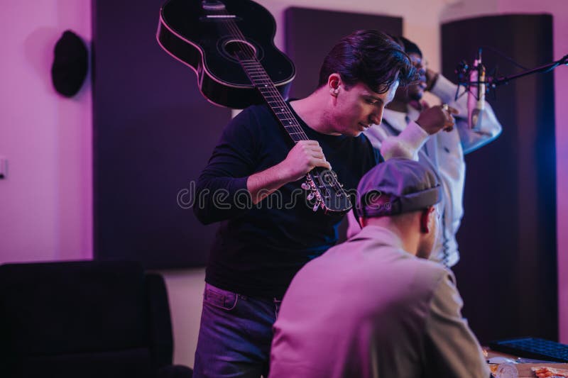 Musicians Collaborating in a Creative Recording Studio Environment with ...