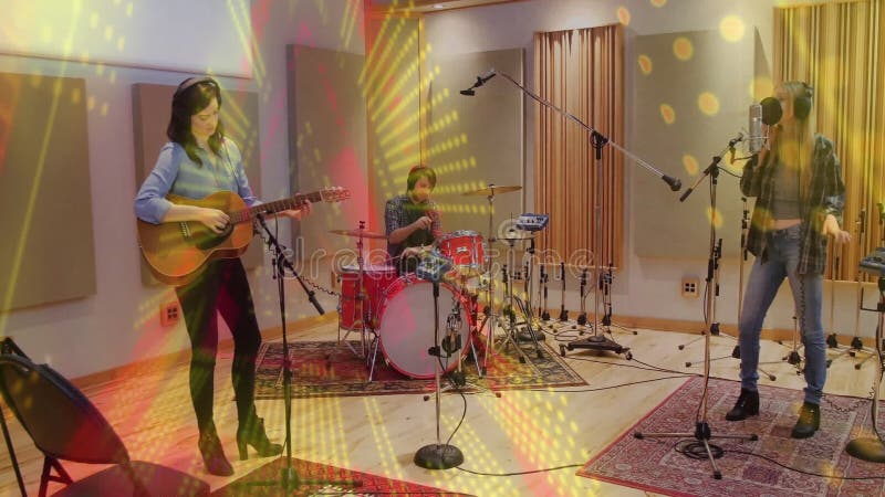 Three Musicians Performing Inside Studio with Animated Guitar Icon ...