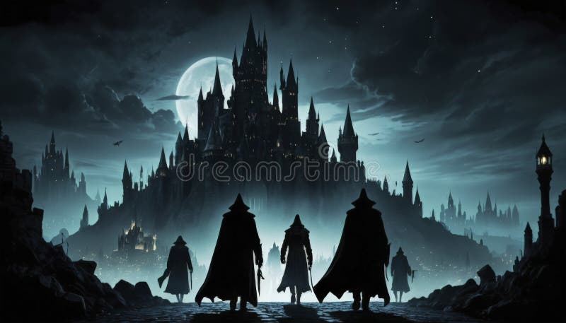 Three Musketeers Walking Towards a Castle Under the Full Moon at Night ...