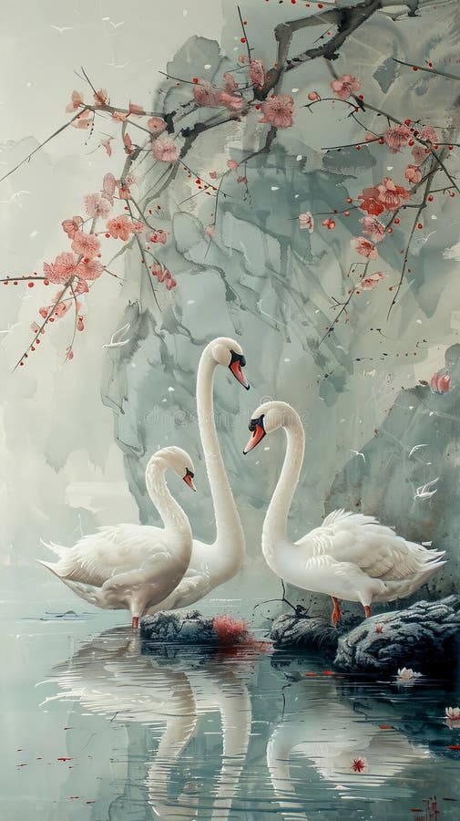 Three mute swans art stock illustration. Illustration of water - 312642389