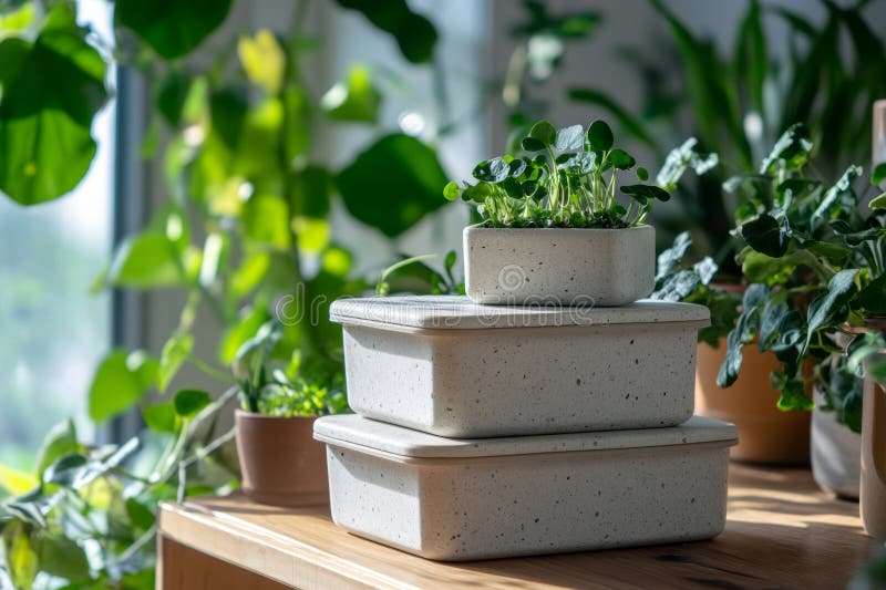 Aesthetic Mycelium Containers Stacked on Wooden Table Surrounded by ...